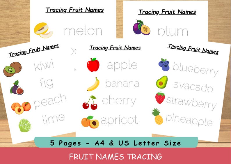 5 Fruit Name Tracing Worksheets for Kids | A4 and US Letter ...