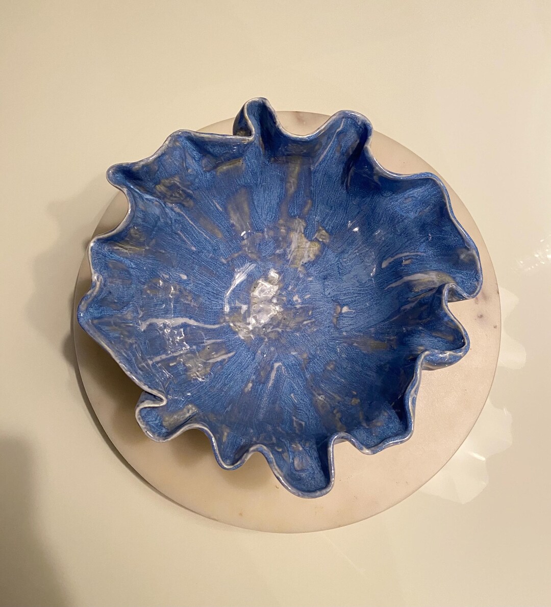 Handmade Ruffled Ceramic Bowl – Sky Blue and White Glaze | Sculptural ...