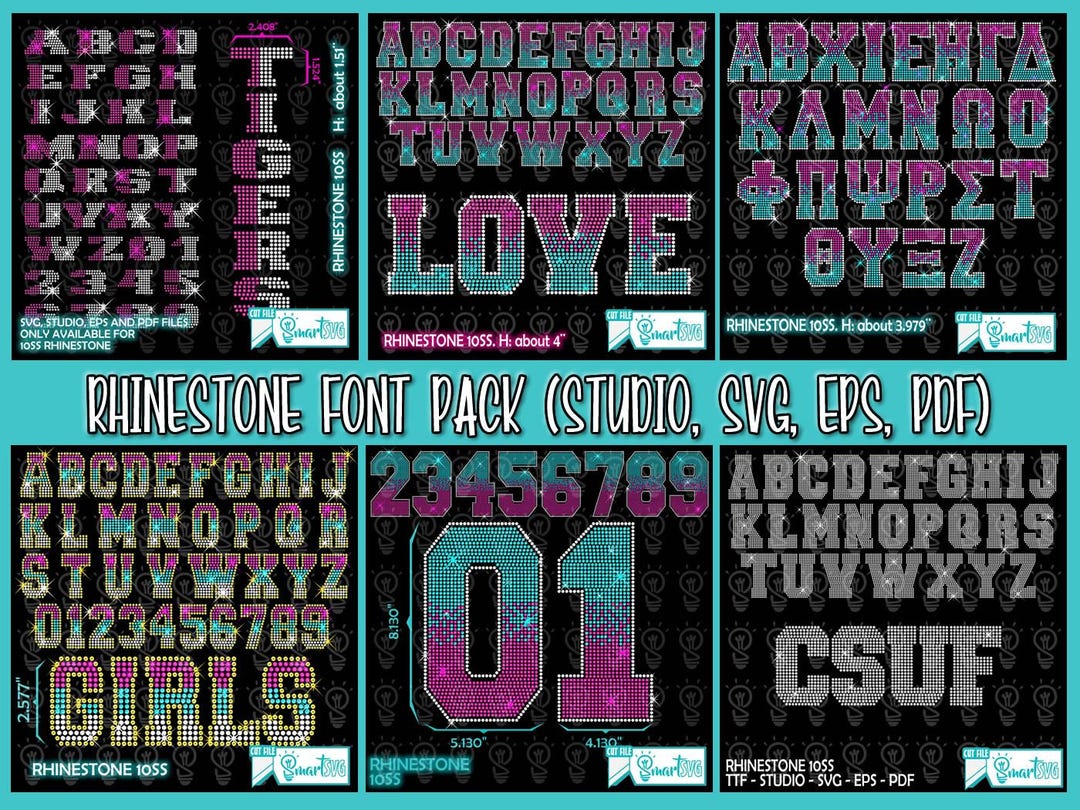 Pack of 6 Rhinestone Fonts, Rhinestone Template Collegiate Font ...
