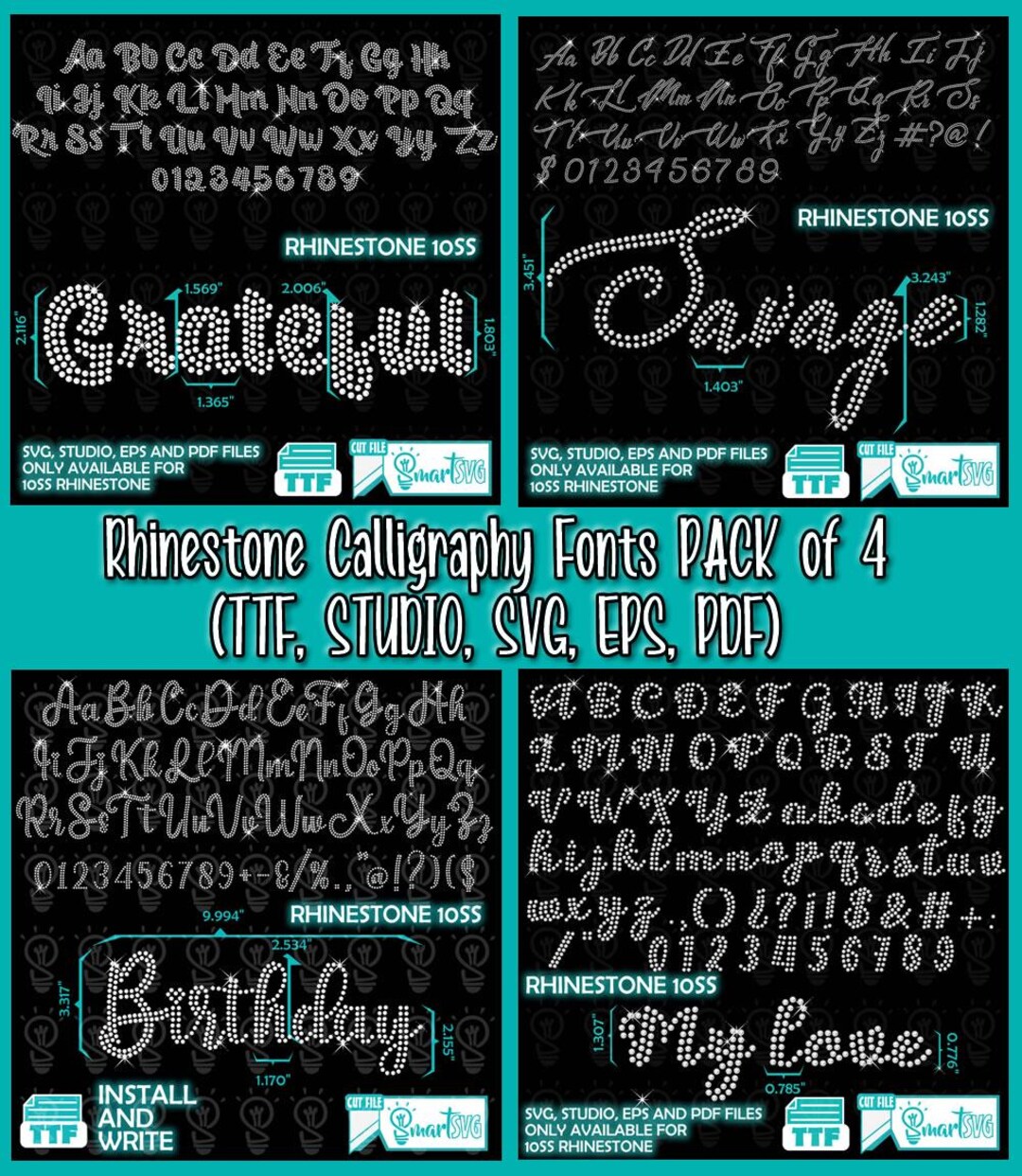 Pack of 4 Rhinestone Calligraphy Fonts, Rhinestone Template Font TTF ...