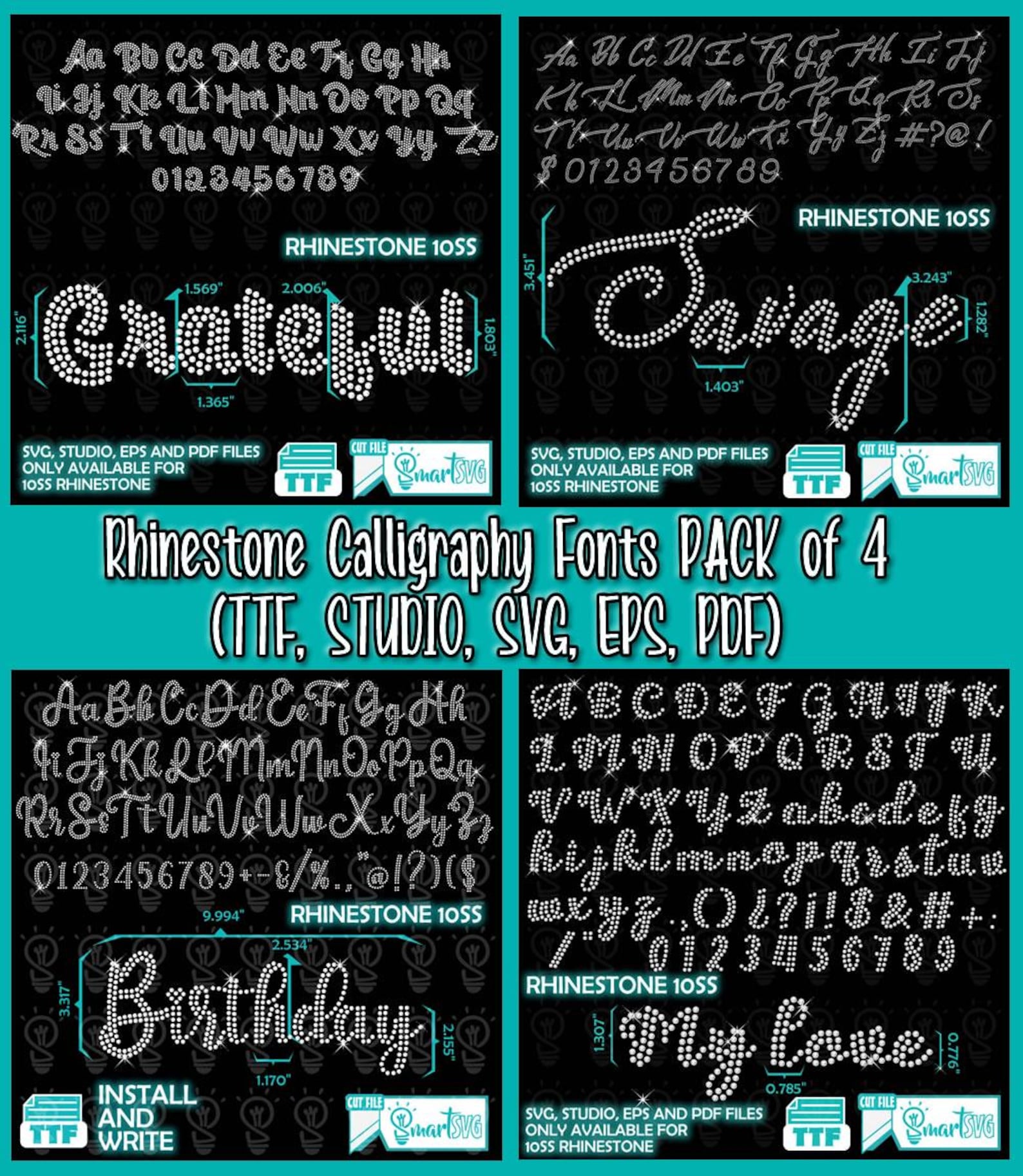 Pack of 4 Rhinestone Calligraphy Fonts, Rhinestone Template Font TTF ...