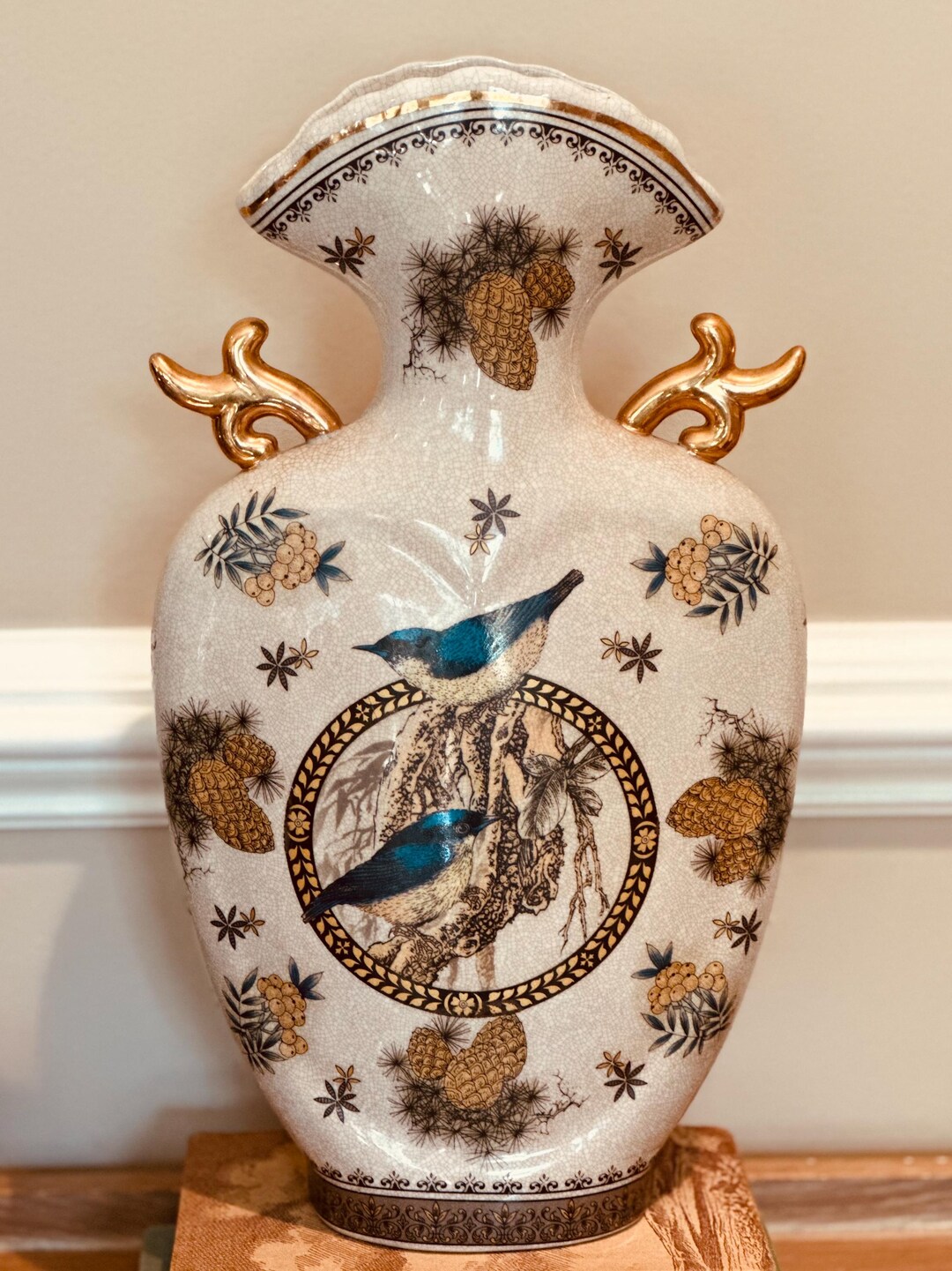 Vintage Porcelain Vase With Blue Birds: Winter Decor, Pinecones ...