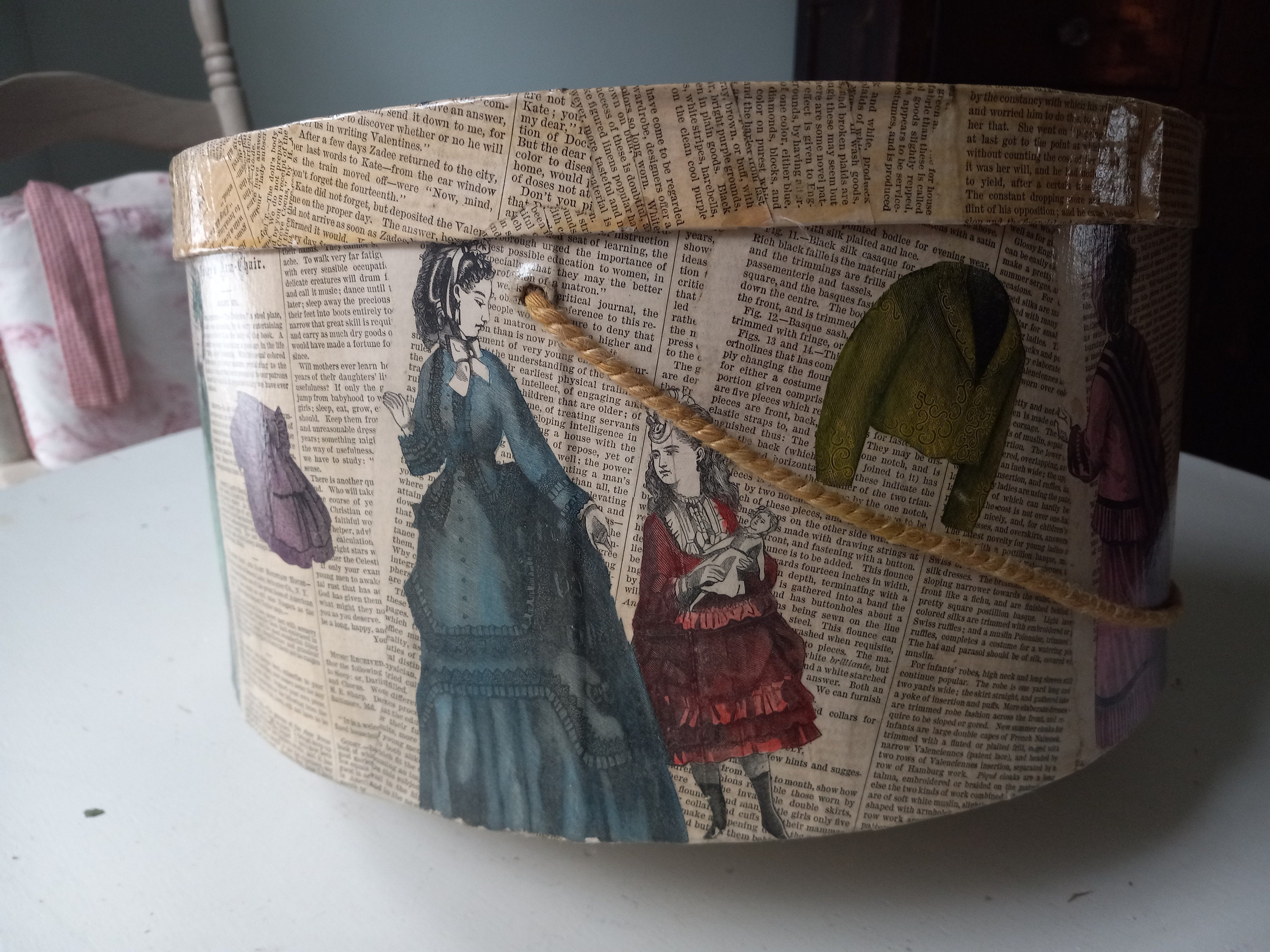 Vintage Hat Box, Decoupage, Antique Book Pages, Tattered, 1871 Ladies ...