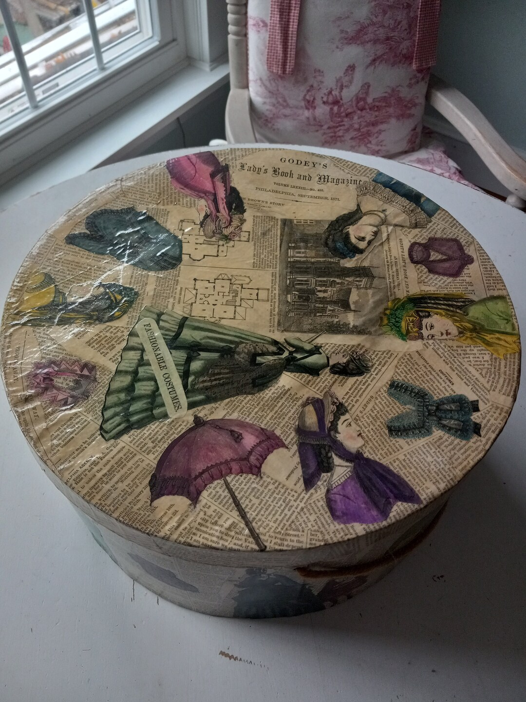 Vintage Hat Box, Decoupage, Antique Book Pages, Tattered, 1871 Ladies ...