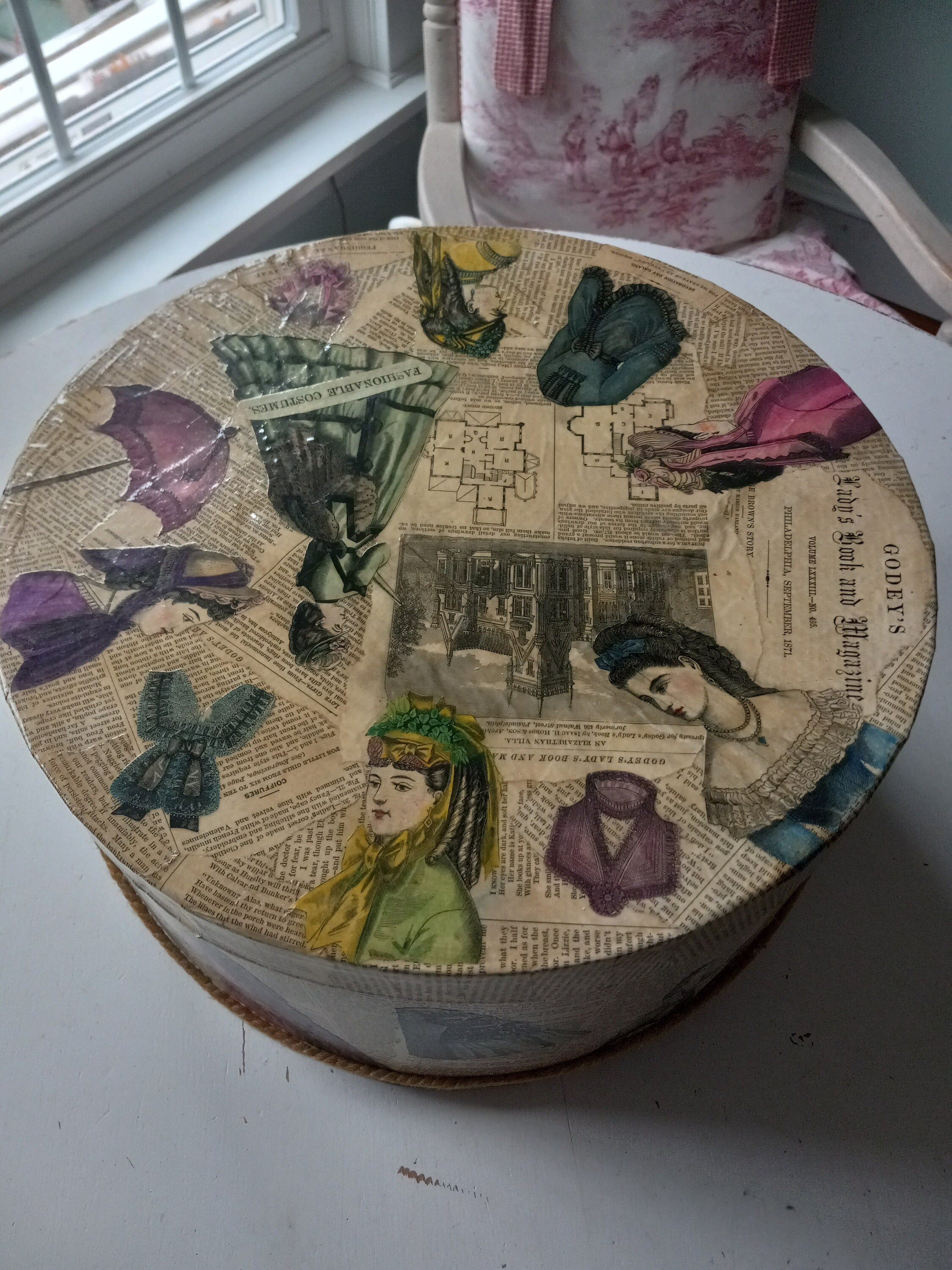Vintage Hat Box, Decoupage, Antique Book Pages, Tattered, 1871 Ladies ...