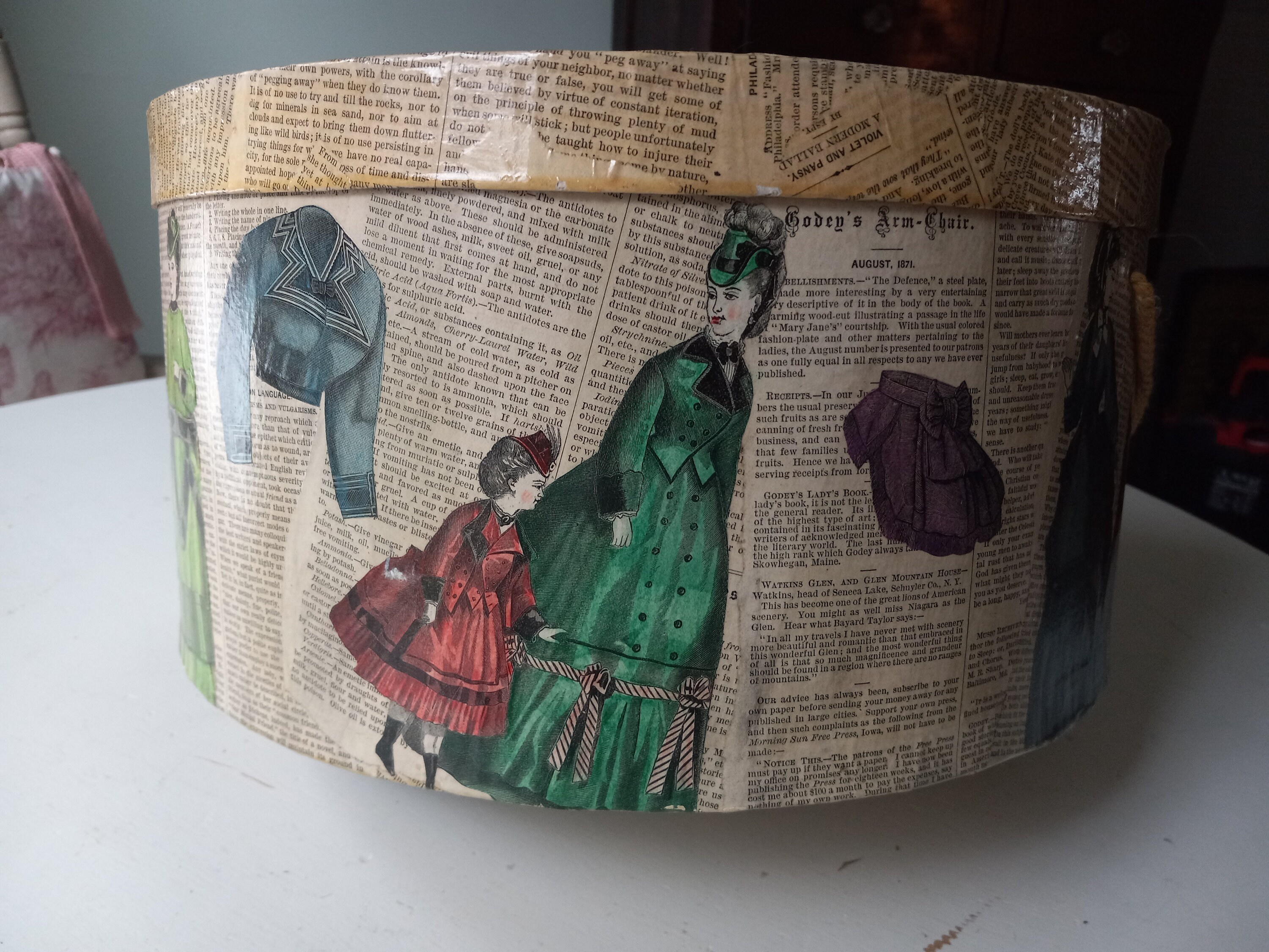 Vintage Hat Box, Decoupage, Antique Book Pages, Tattered, 1871 Ladies ...