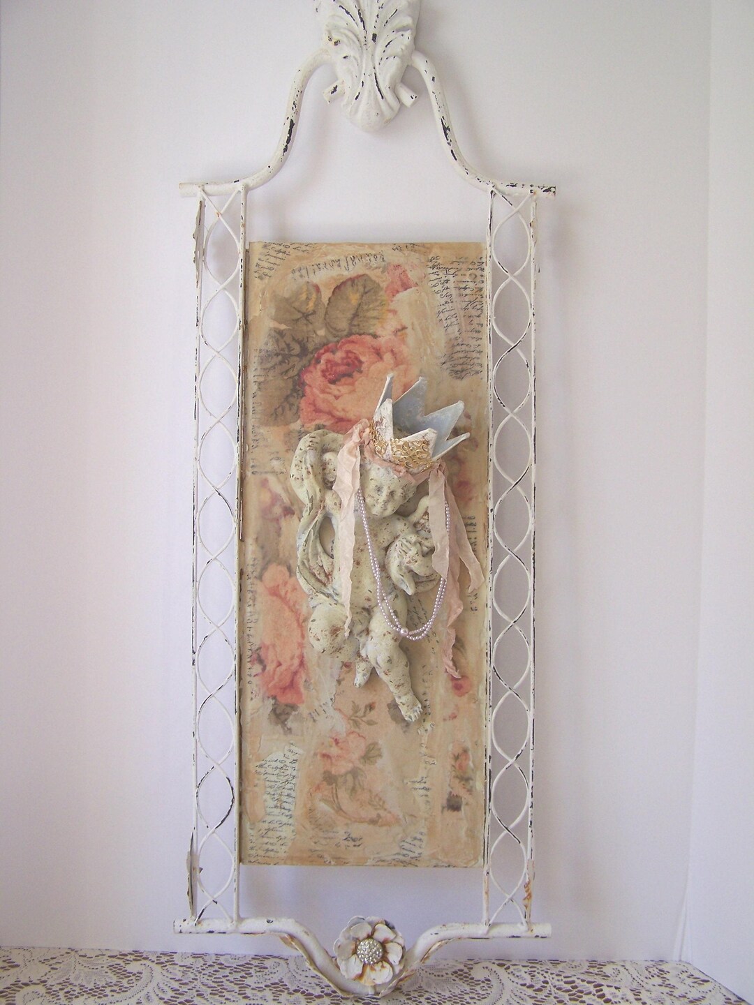 Large Cherub Wall Shrine/ornate Iron Frame/rusty Metal/white Chippy ...
