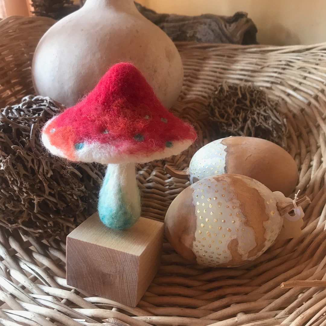 Large Needle Felted Mushroom Sculpture in Red and Aqua - Etsy