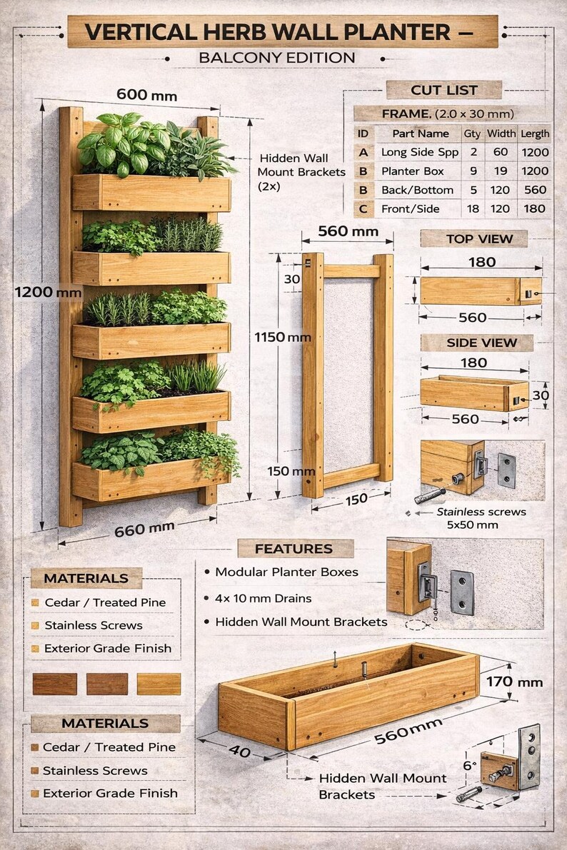 Wooden Vertical Herb Wall Planter Plans | DIY Garden (PDF Download) - Etsy