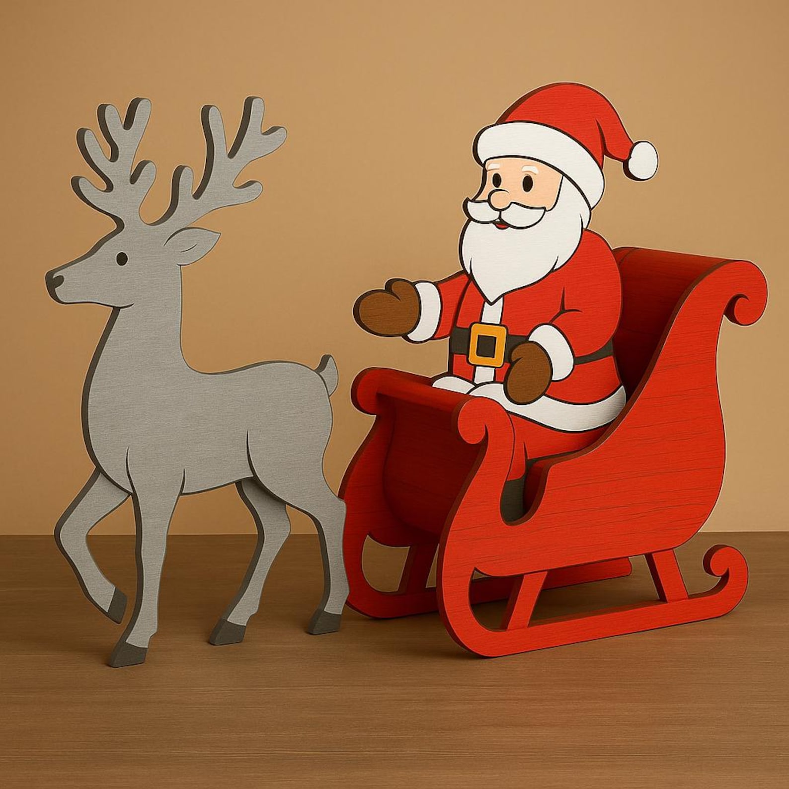 Santa Sleigh and Reindeer Christmas Decor | Wooden Holiday Display Set ...