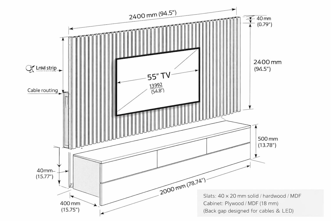 Slatted Media Wall Unit Plans – Diy Wooden Panel Blueprint Pdf - Etsy
