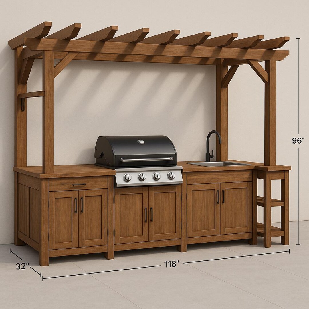 Outdoor Kitchen BBQ Station Woodworking Plan, DIY Grill Table Blueprint ...