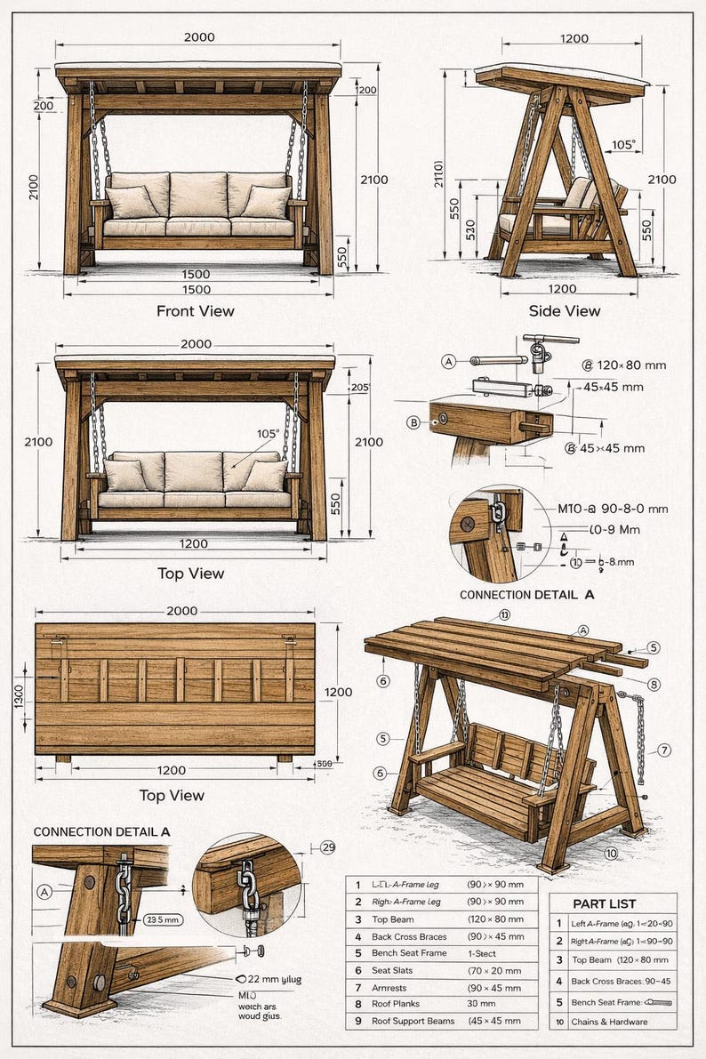 Wooden Garden Swing Plans – DIY Outdoor Porch Swing Seat PDF & ZIP ...