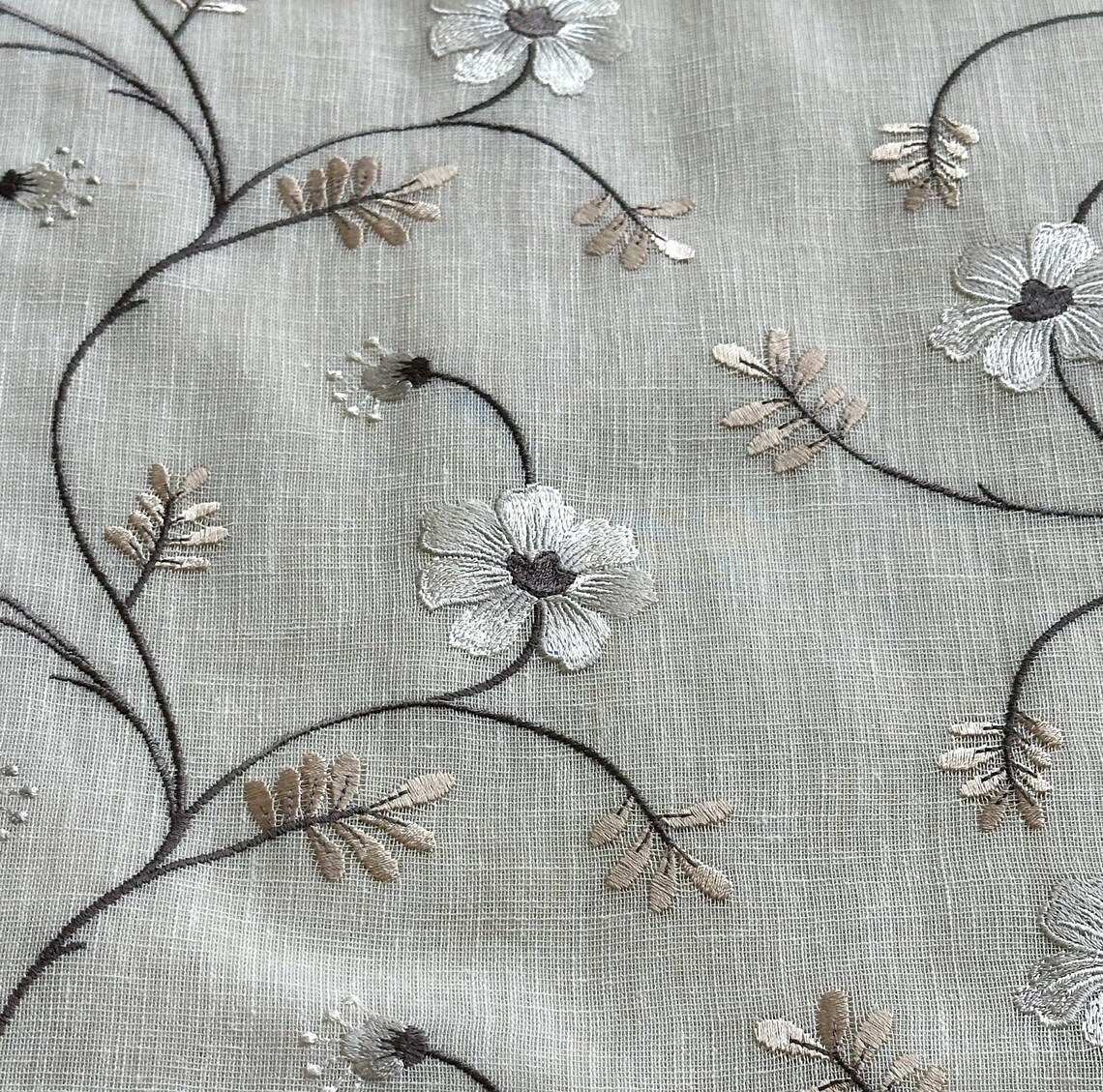Floral Embroidered Linen Fabric: White Beige Curtains, Drapes - Etsy
