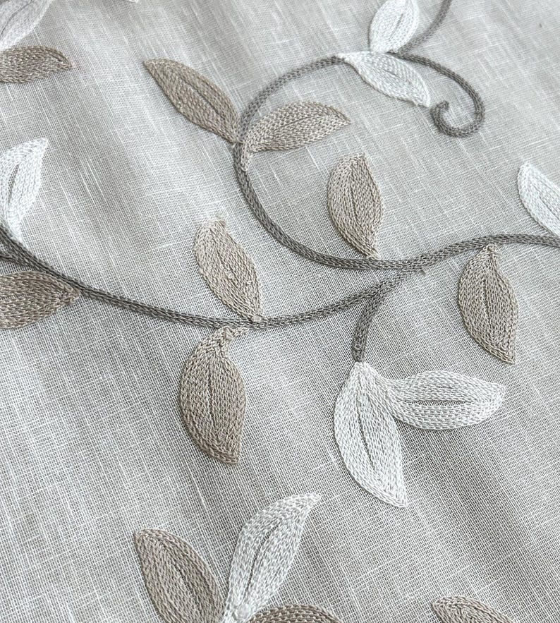 Embroidered Linen Curtain Panel: Beige Taupe Leaf Vines - Etsy