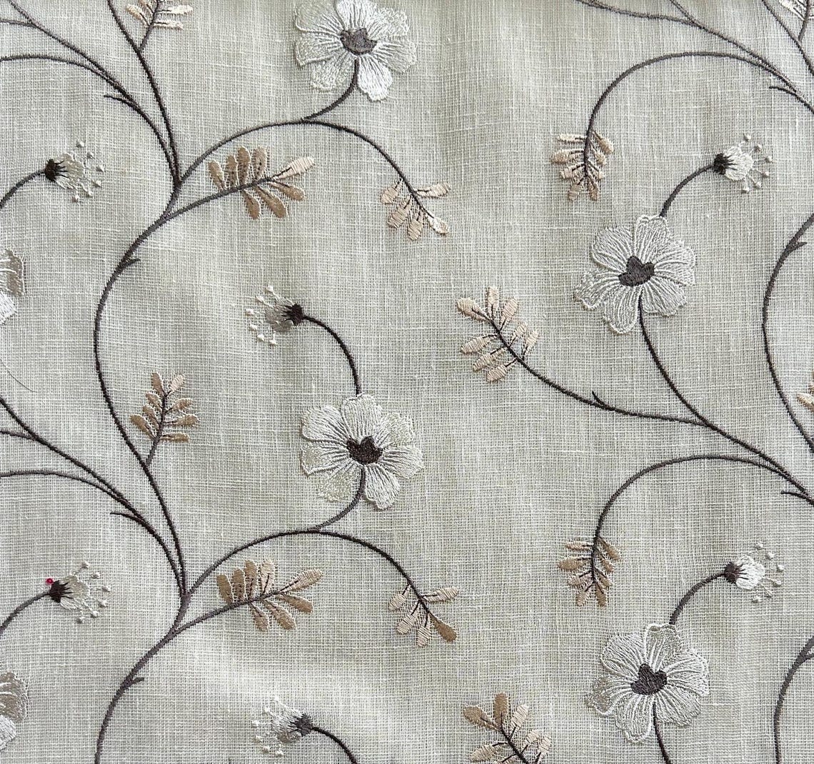 Floral Embroidered Linen Fabric: White Beige Curtains, Drapes - Etsy