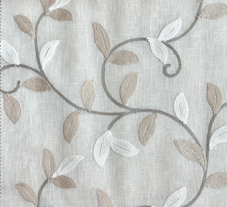 Embroidered Linen Curtain Panel: Beige Taupe Leaf Vines - Etsy
