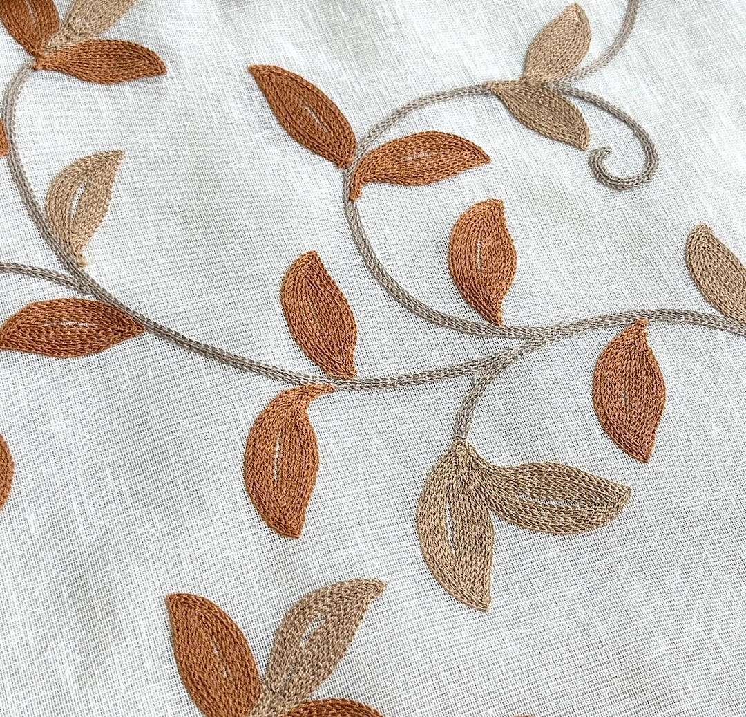 Embroidered Linen Curtain: Rust Beige Leaf Vines, Customizable Drapes ...