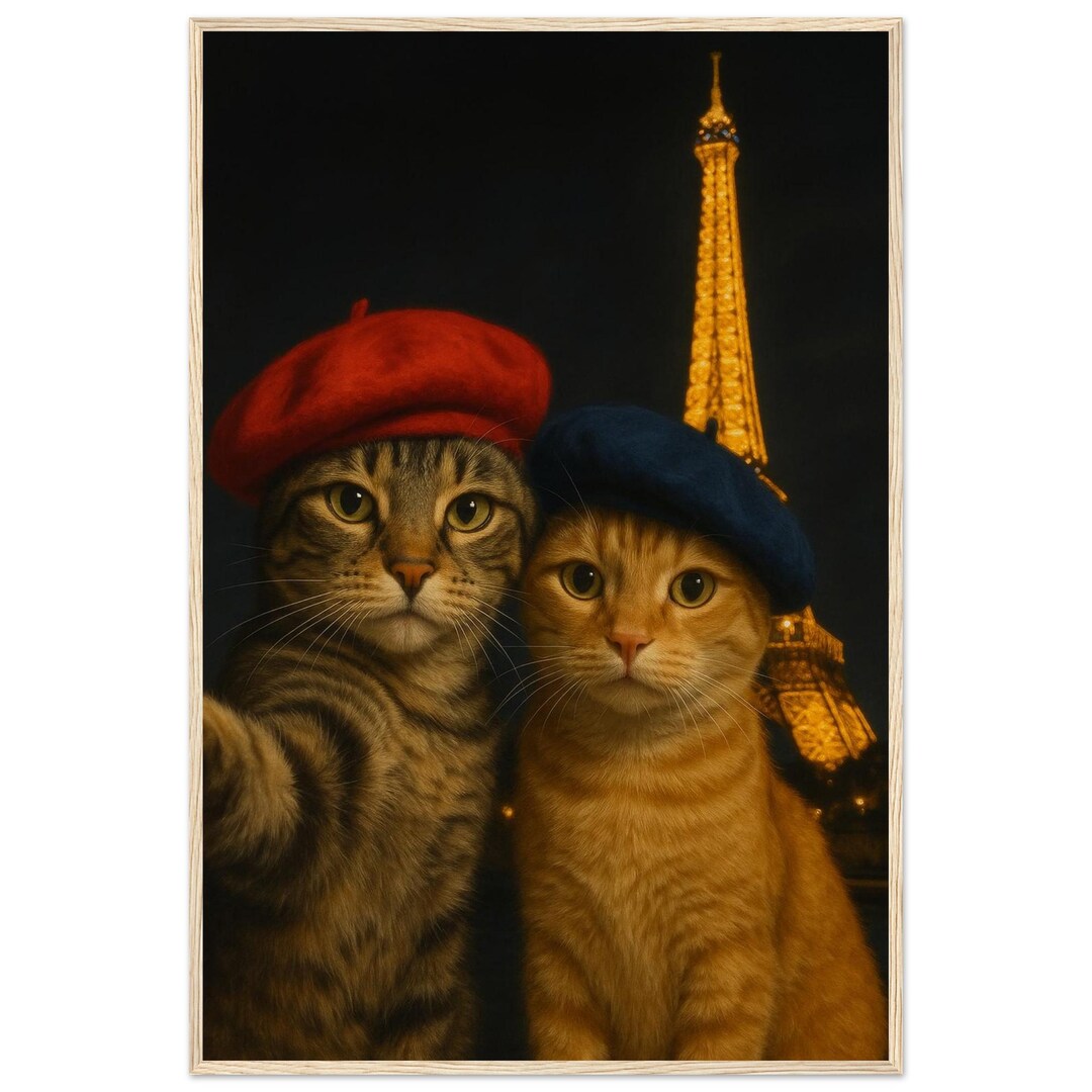 Parisian Cats Taking a Selfie - Eiffel Tower Night Scene With Beret ...