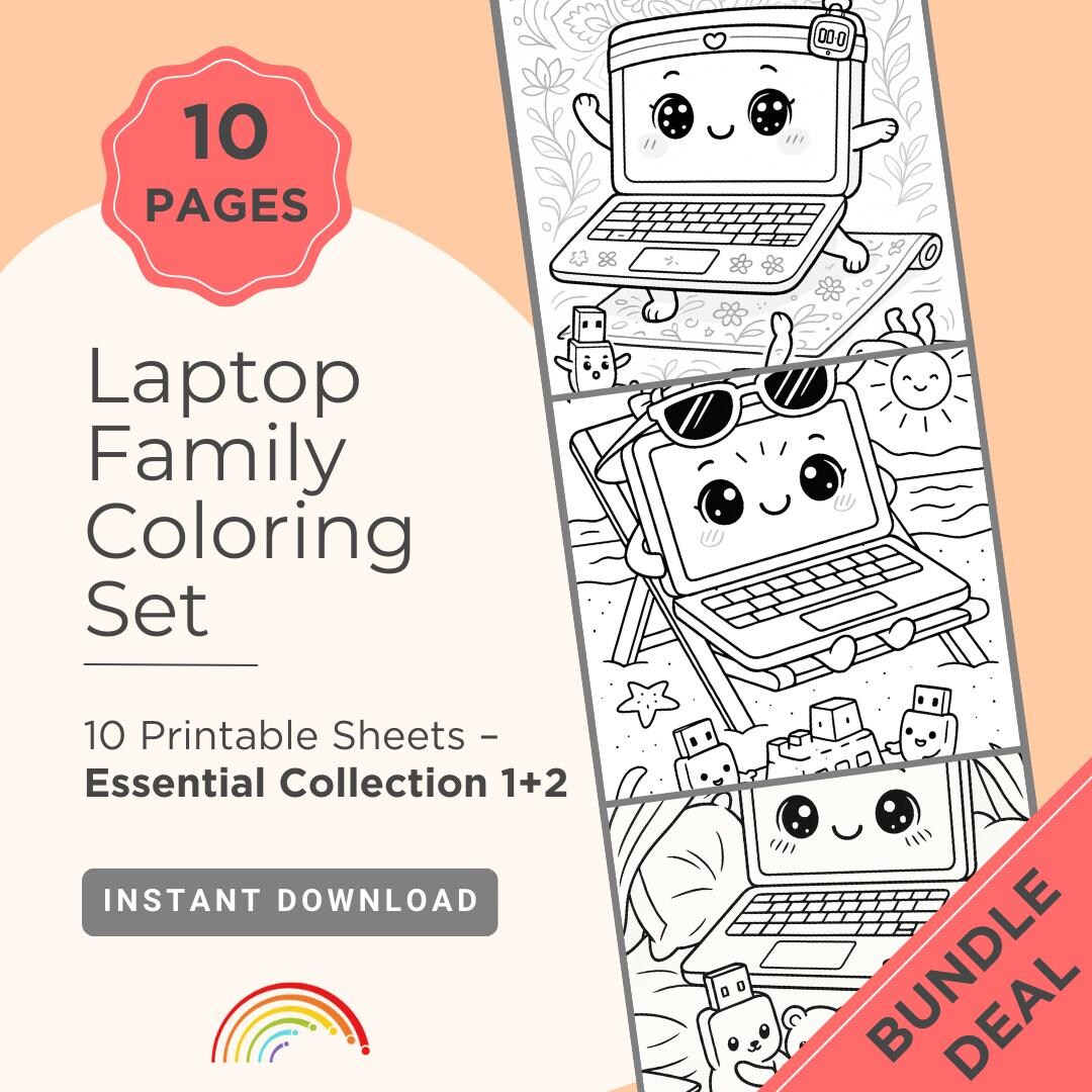 10 Essential Coloring Pages - Cute Kawaii Laptop Family Printable | Set ...