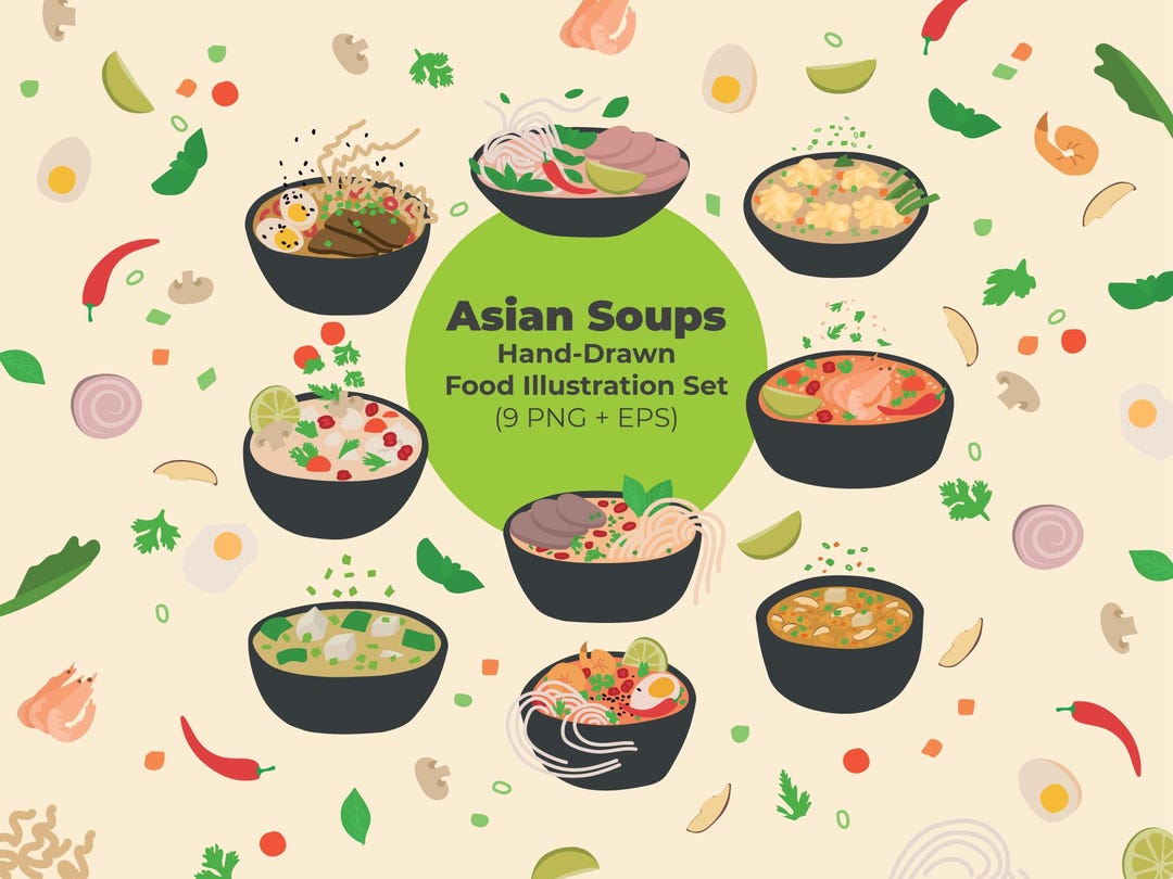 Asian Soups – Hand-drawn Food Illustration Set (9 PNG + EPS) - Etsy