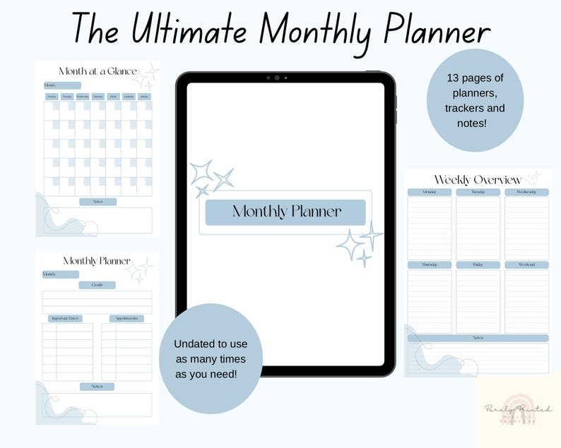 ADHD Printable Monthly Planner | Blue ADHD Organizer | Habit & Mood ...