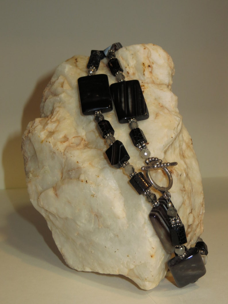 Agate, Snowflake Obsidian, Reticulated Quartz and Bali Silver Necklace ...