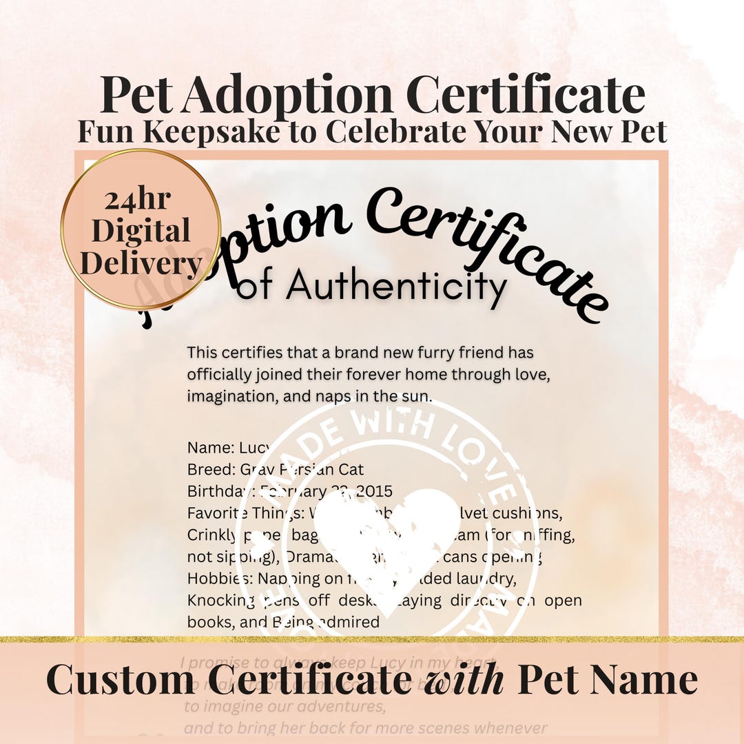 Editable Pet Adoption Certificate: Puppy, Kitten Keepsake (digital ...