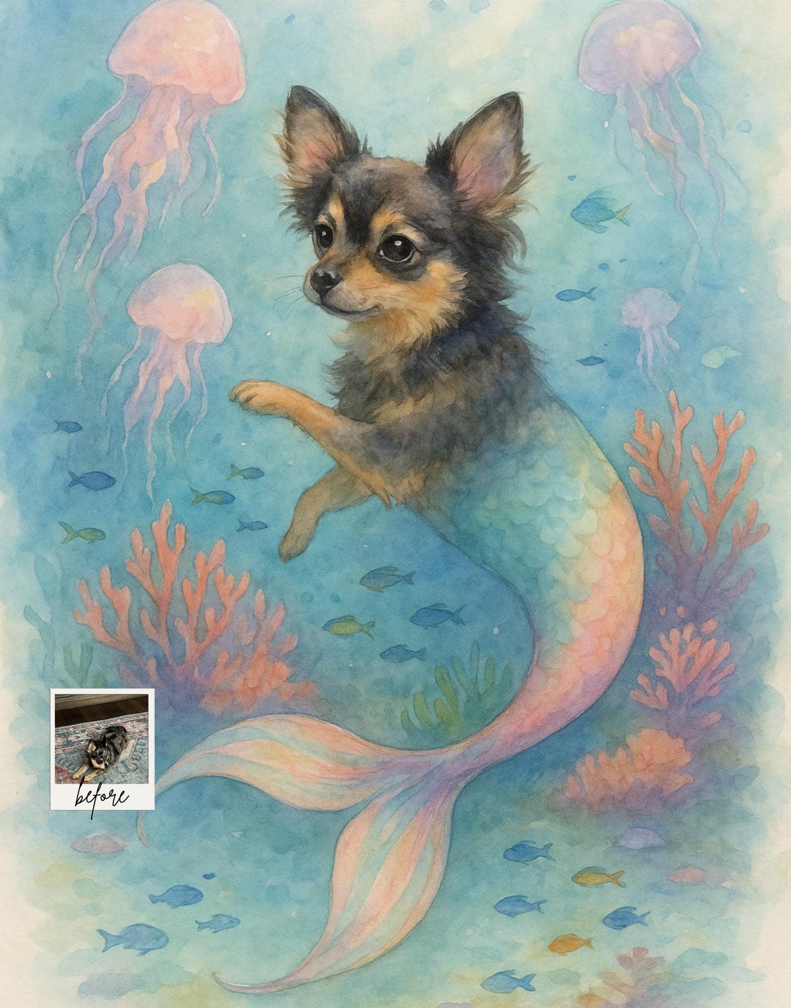 Custom Mermaid Pet Portrait Watercolor Dog Cat Art From Photo Fantasy ...