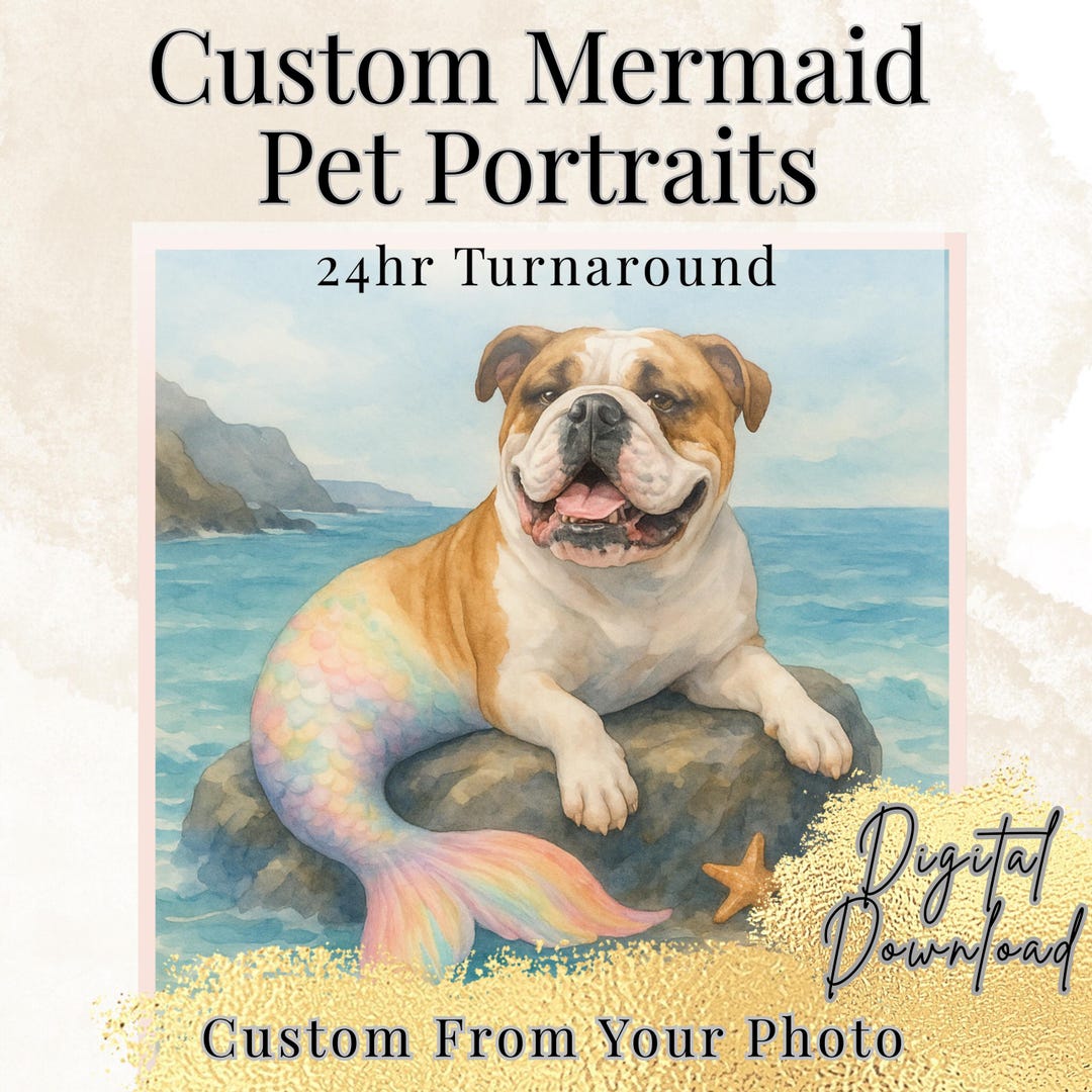 Custom Mermaid Pet Portrait Watercolor Dog Cat Art From Photo Fantasy ...