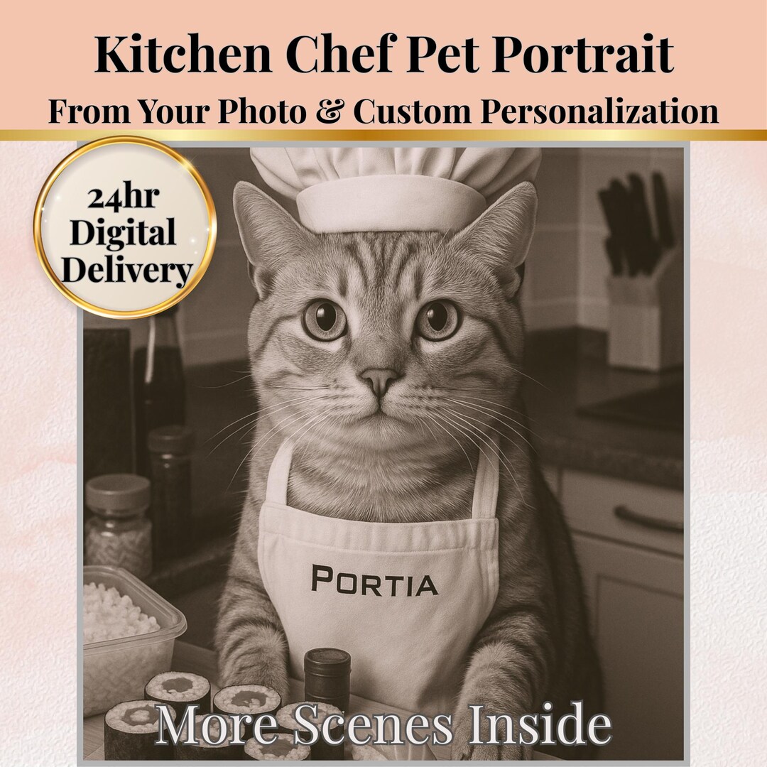Custom Pet Portrait Kitchen Art Black White Illustration Dog Cat ...