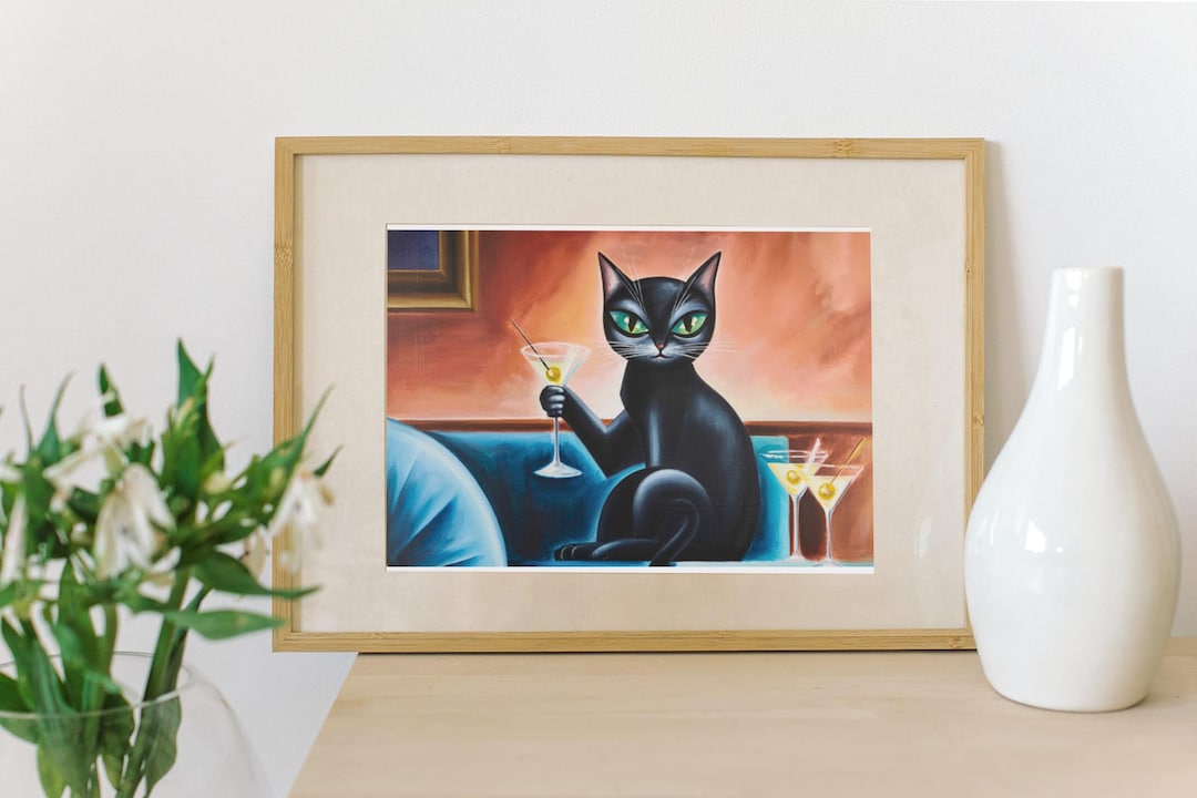 Martini Cat Wall Art | Digital Download Retro Cat Print | Black Cat ...