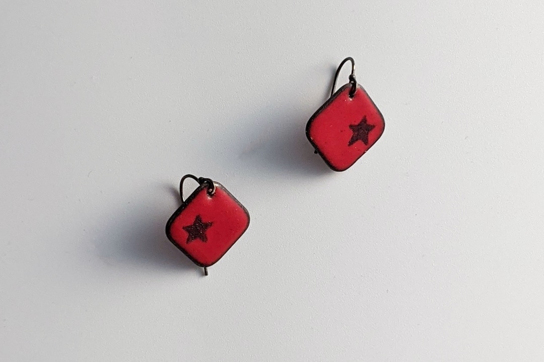 Enamel Flame Red Star Earrings, Black and Red Star Earrings - Etsy