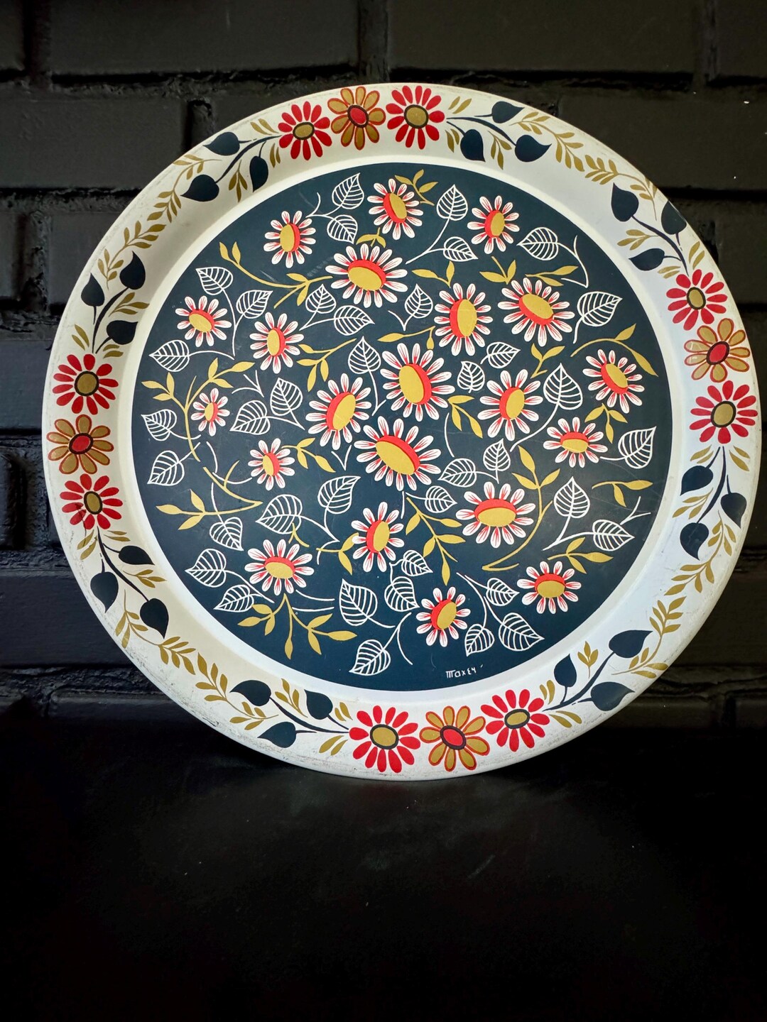 Vintage Maxey Folk Art Painted Metal Floral Decorative Scandinavian ...