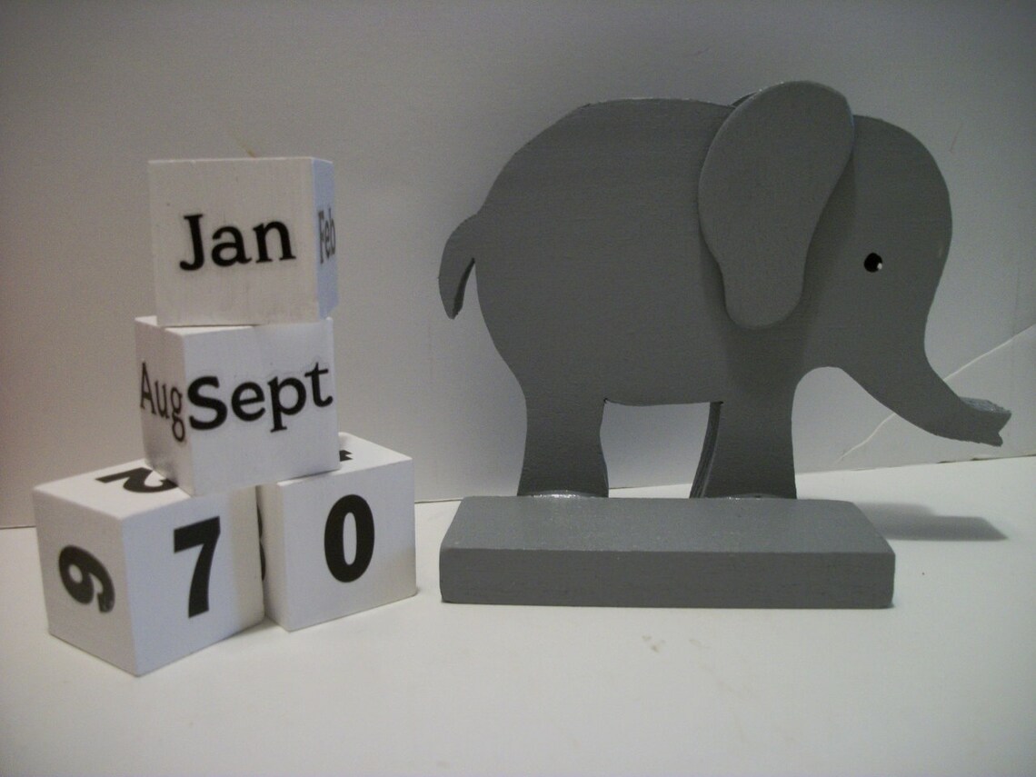 Elephant Calendar Perpetual Wood Block Grey Elephant Decor - Etsy