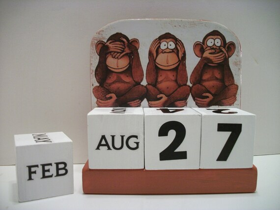 Monkey Calendar Perpetual Wood Block See No Evil Hear No Evil | Etsy