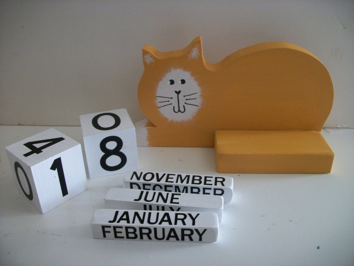 Cat Calendar Perpetual Wood Block Yellow Gold Cat Decor - Etsy