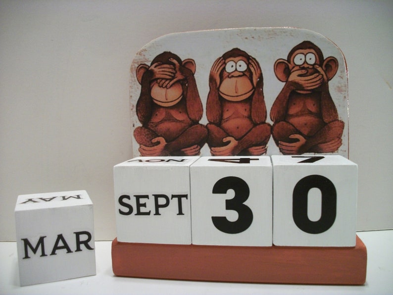 Monkey Calendar Perpetual Wood Block See No Evil Hear No Evil - Etsy