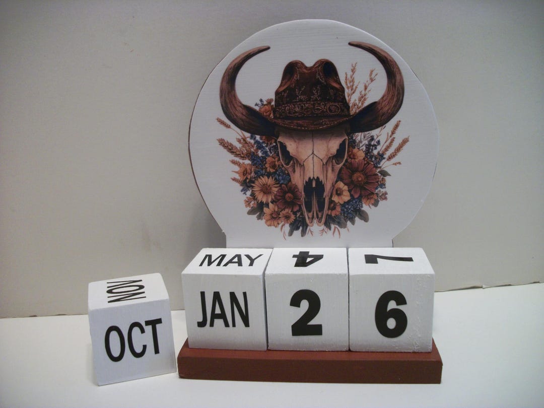 Skull With Cowboy Hat Calendar Perpetual Wood Block Country Western ...