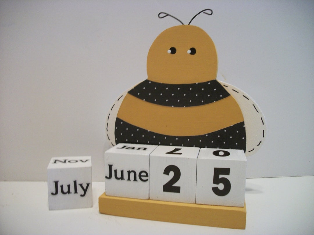 Yellow Bee Calendar Perpetual Wood Block Bumble Bee Decor Teacher Gift ...