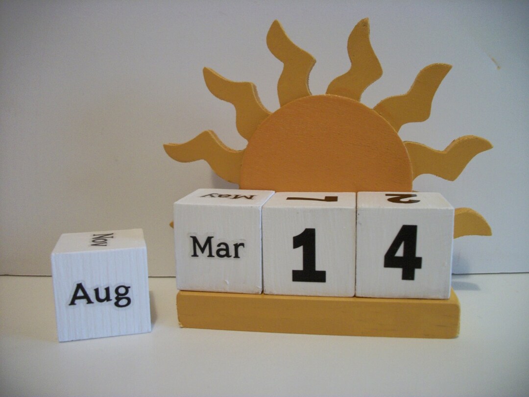 Sun Calendar Perpetual Wood Block Yellow Sun Decor - Etsy