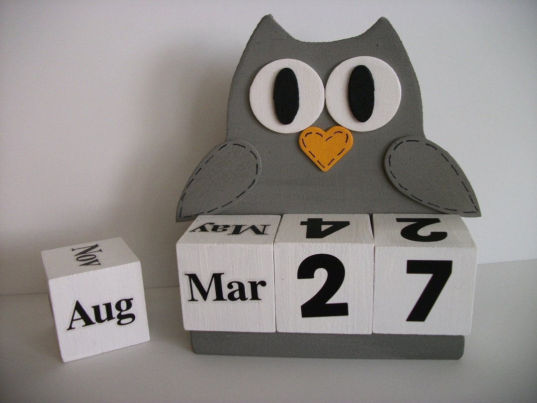 Owl Calendar Perpetual Wood Block Grey Owl Decor - Etsy