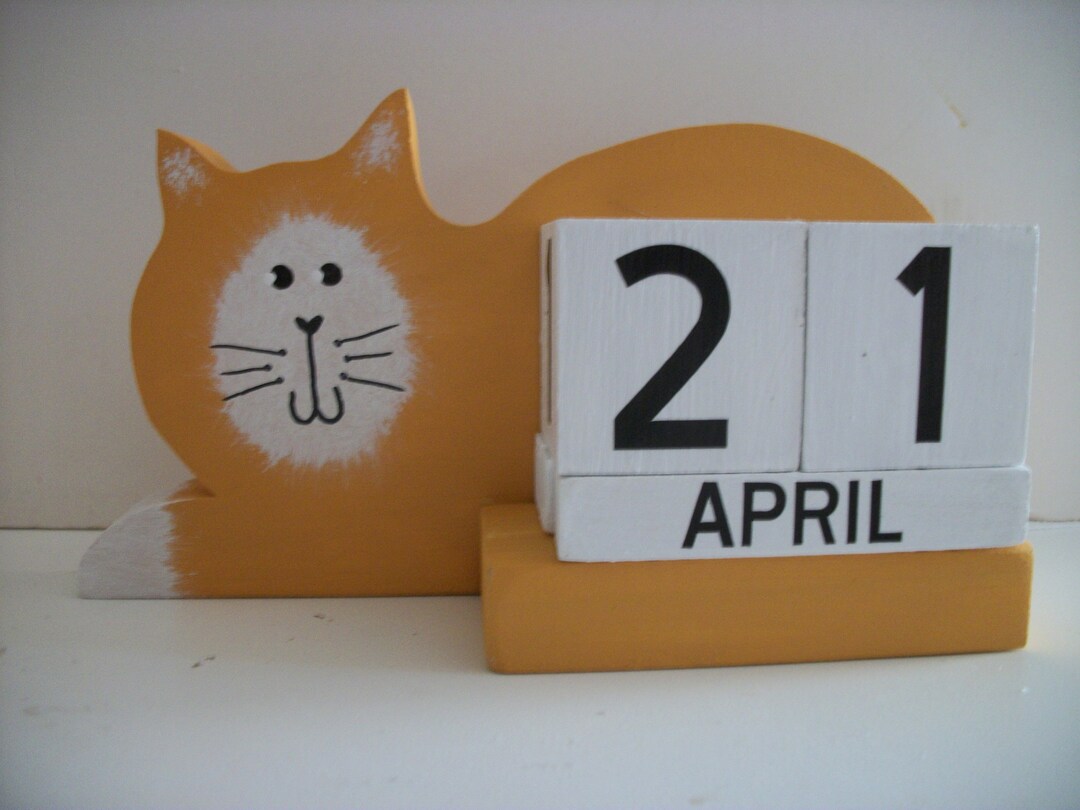 Cat Calendar Perpetual Wood Block Yellow Gold Cat Decor - Etsy