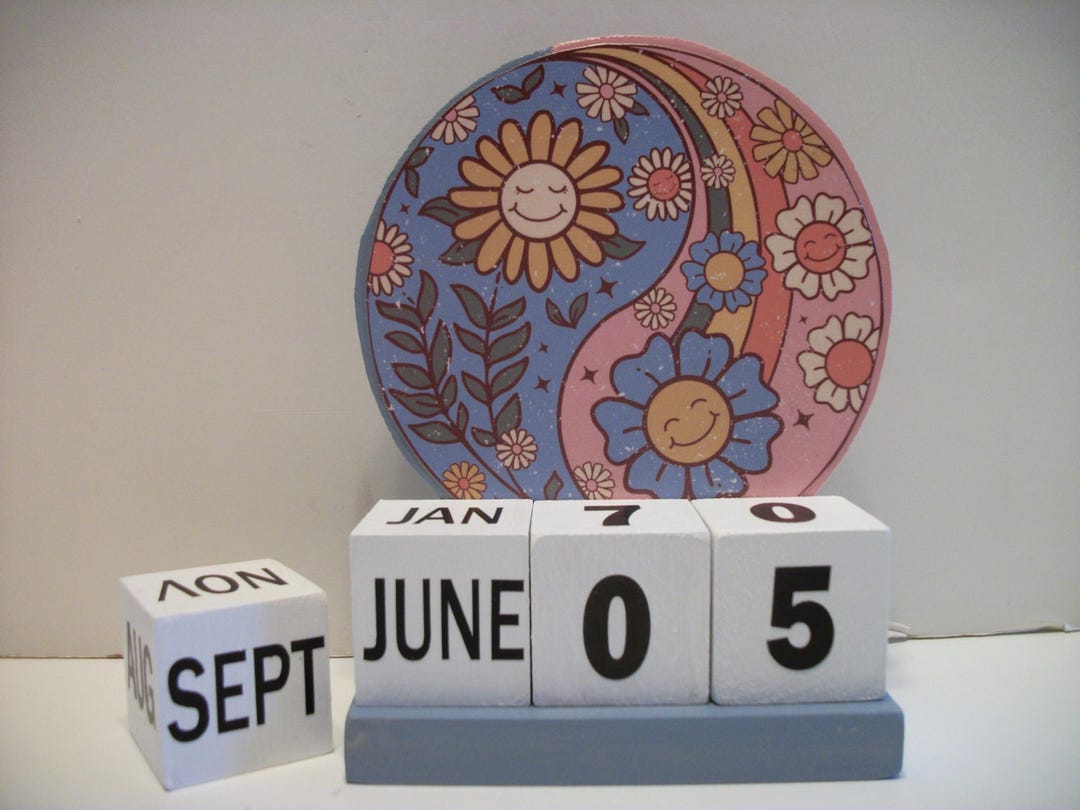 Boho Ying Yang Calendar Perpetual Wood Block Boho Hippie 1970s Era ...