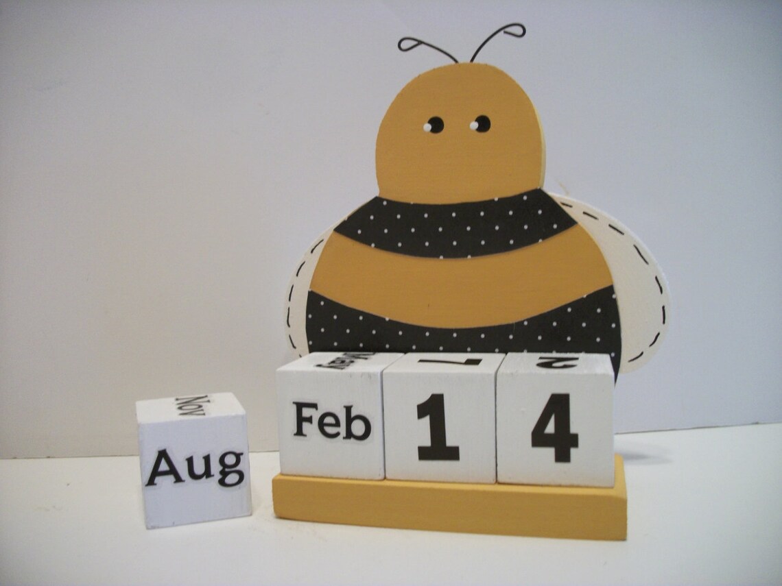 Yellow Bee Calendar Perpetual Wood Block Bumble Bee Decor | Etsy