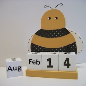 Yellow Bee Calendar Perpetual Wood Block Bumble Bee Decor Teacher Gift ...