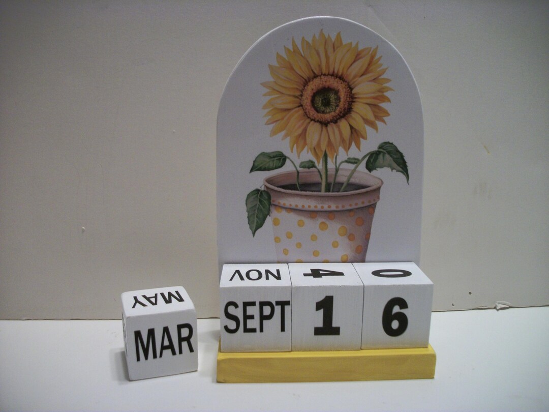 Sunflower Calendar Perpetual Wood Block Sunflower in a Pot Flower Decor ...