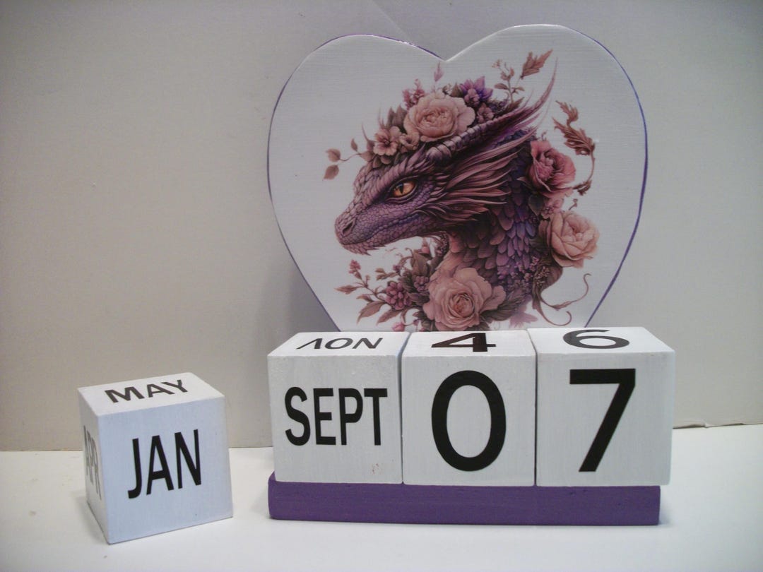 Purple Dragon Perpetual Calendar, Wood Block Desk Decor - Etsy