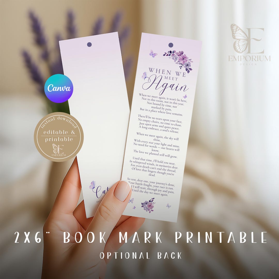 Purple Flowers Funeral Bookmark Template: Butterfly Memorial Keepsake ...