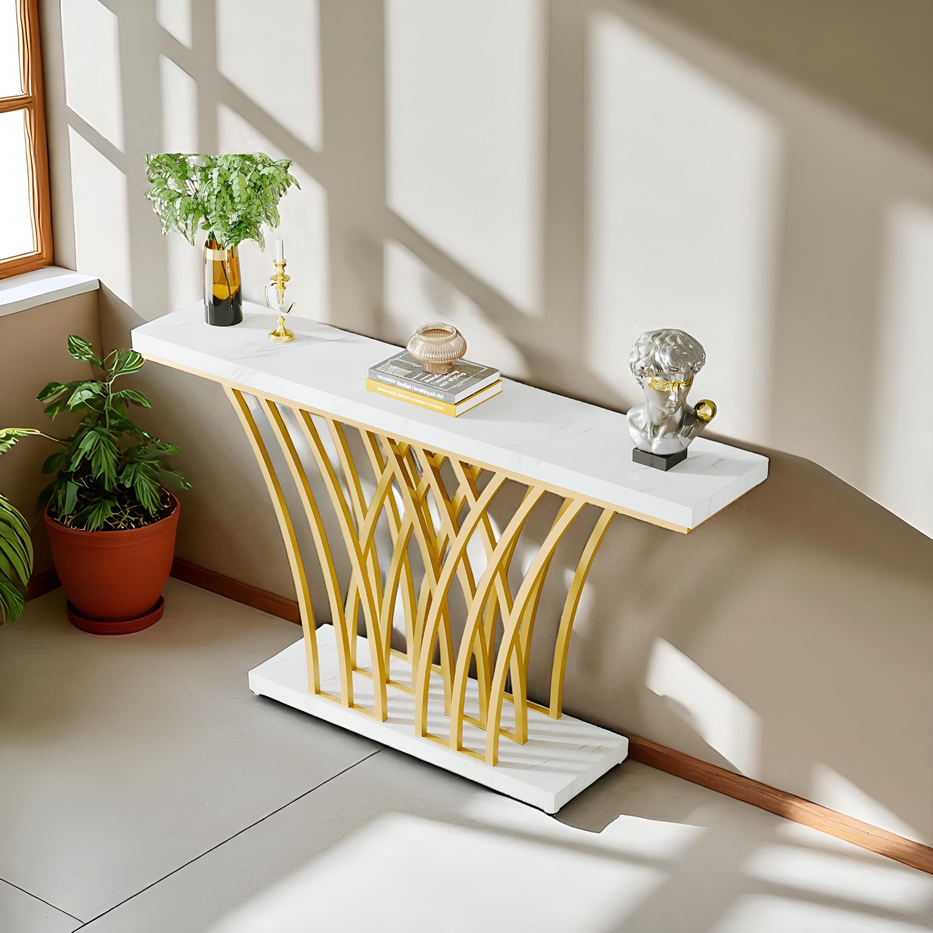 Console Table Gold | Modern Entryway Table Marble With Grid Base, Long ...